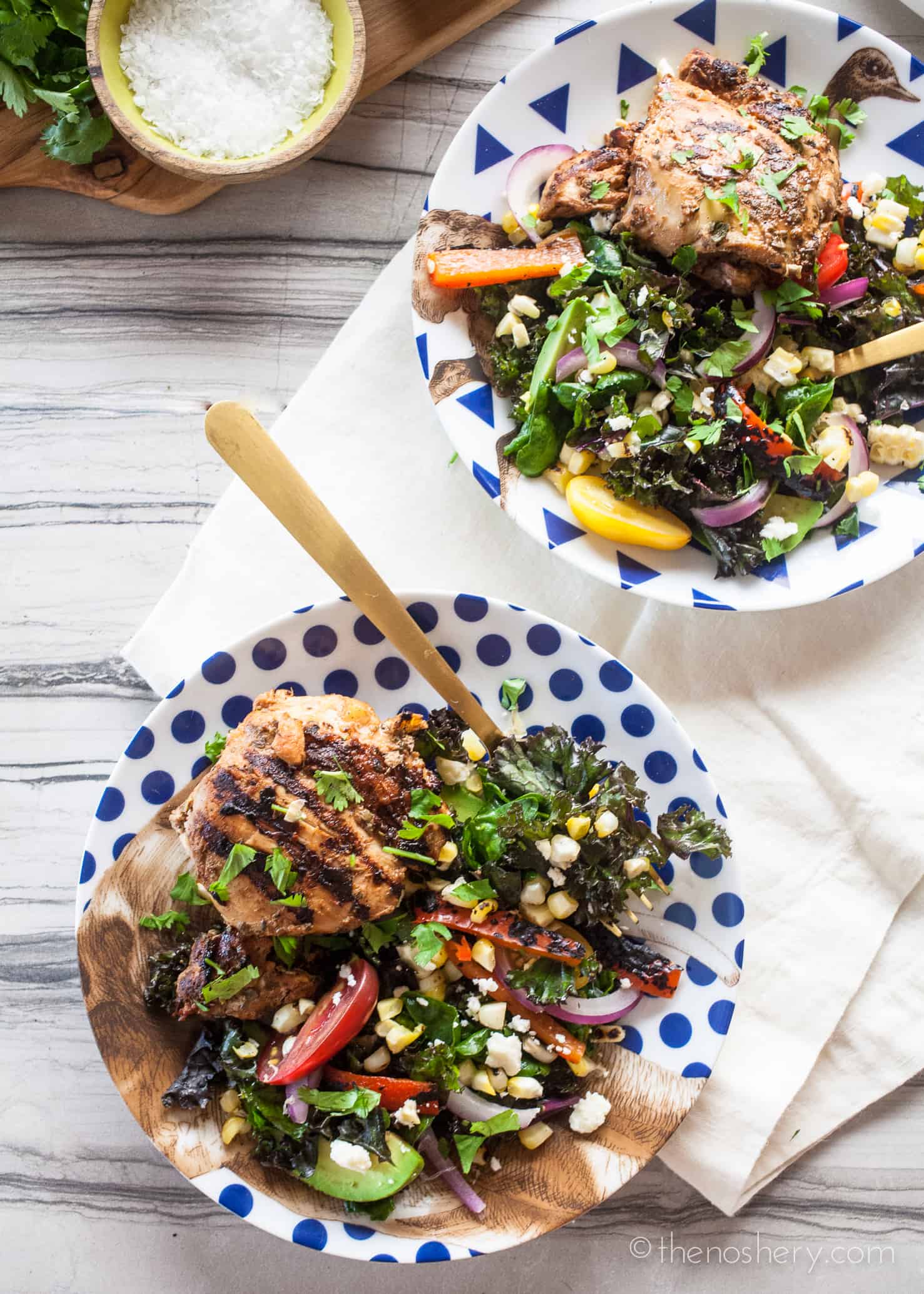 Pollo Asado and Charred Vegetable Massaged Kale Salad - The Noshery
