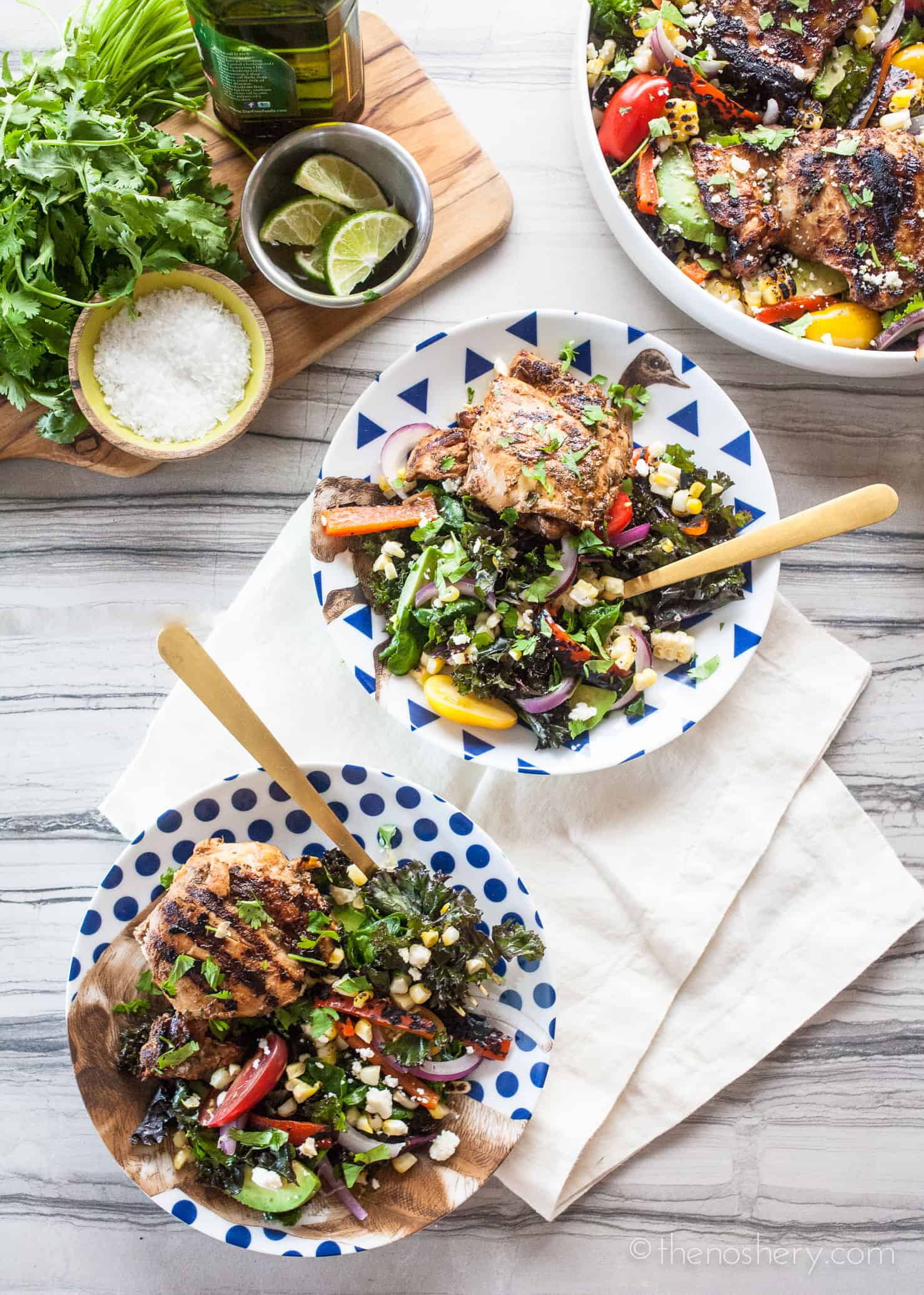 Pollo Asado and Charred Vegetable Massaged Kale Salad - The Noshery