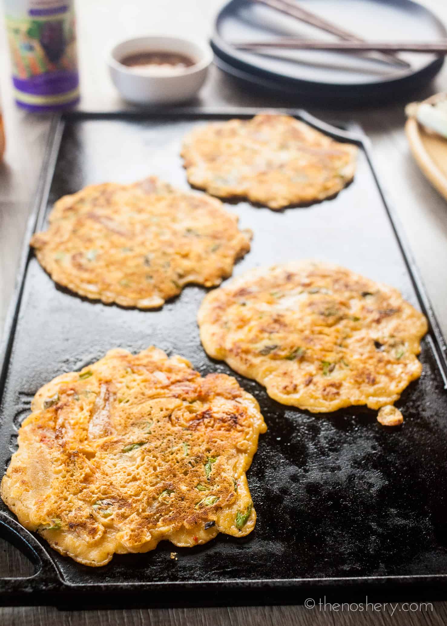Kimchi Korean Pancakes with Gochujang Dipping Sauce - The Noshery